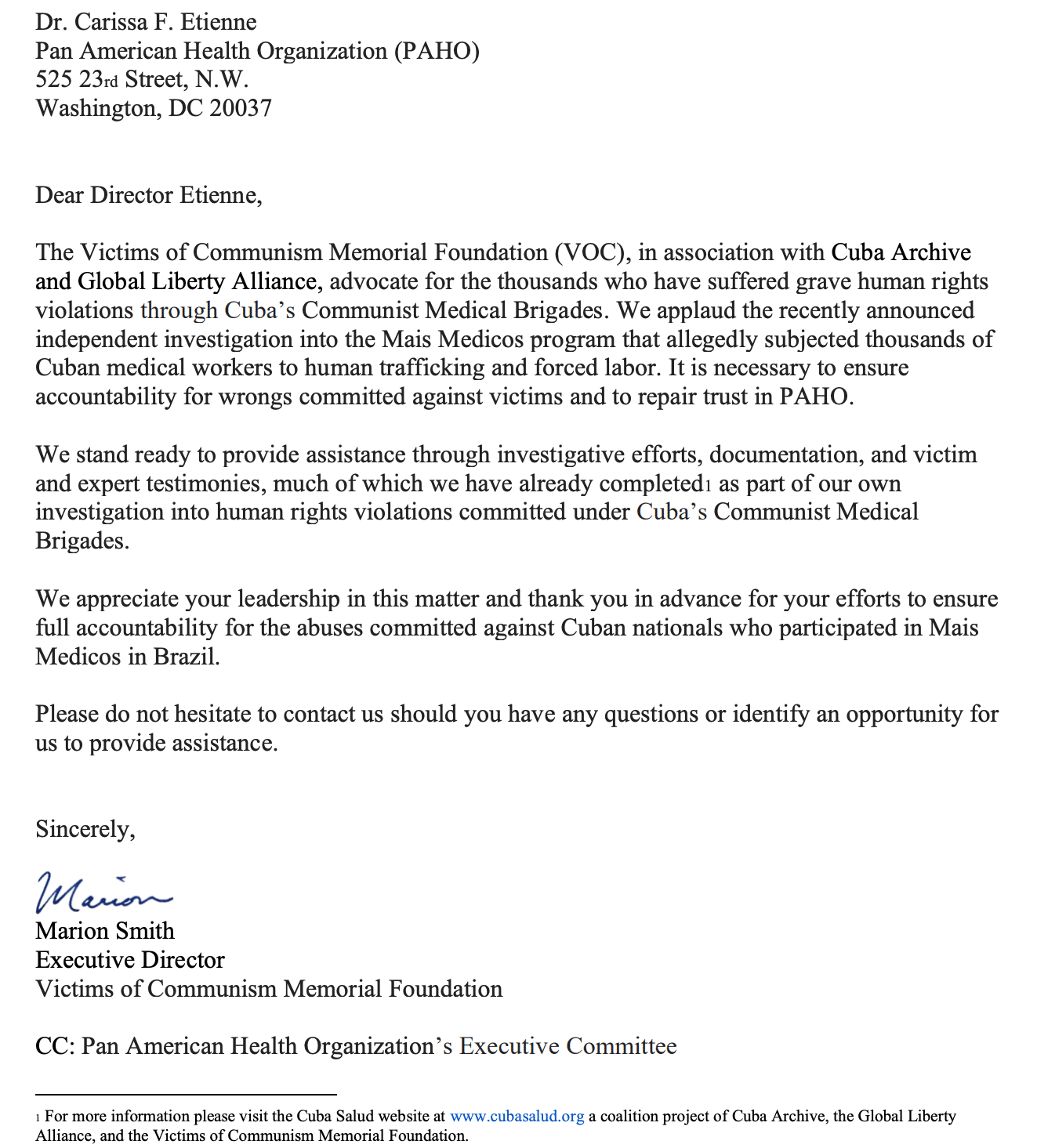 VOC Letter to Pan American Health Organization | Victims of Communism ...