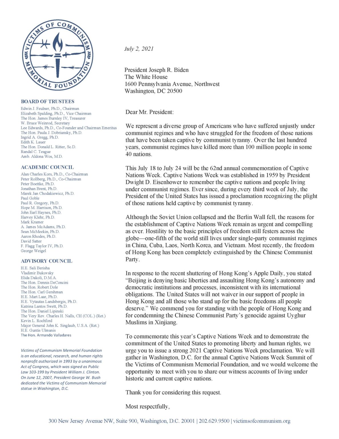 VOC Leads Captive Nations Week Letter to President Biden | Victims of ...